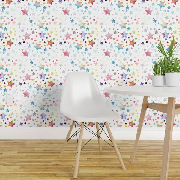 Spoonflower Stars Watercolor Space Astronomy Nursery Custom Removable Wallpaper - Rainbow