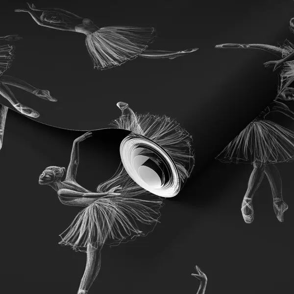 Spoonflower Ballerinas On Black Big Scale Custom Pre-pasted Wallpaper - Black,white,gray