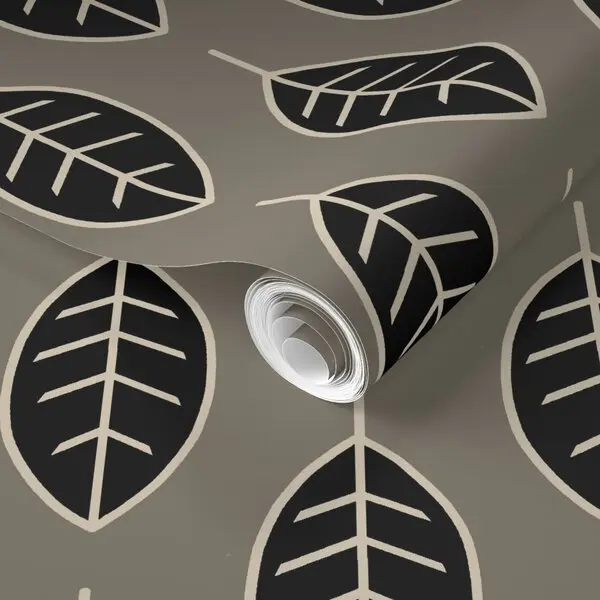 Spoonflower Black Taupe Leaves Midnight Woodland Custom Pre-pasted Wallpaper - Gray,brown,beige