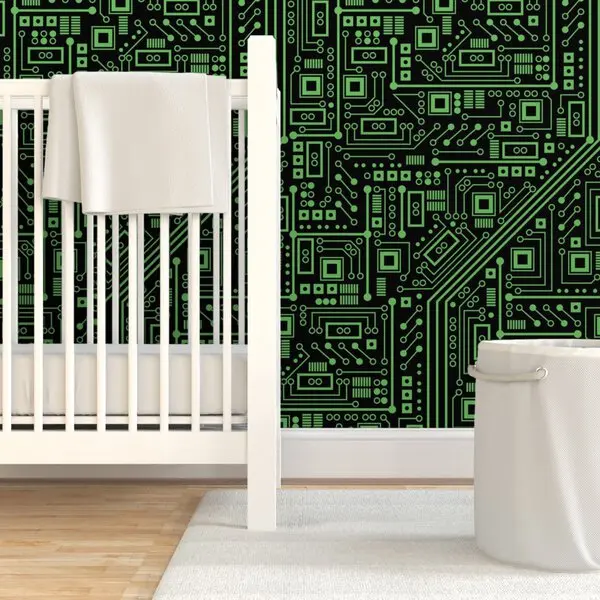 Spoonflower Evil Circuit Board Green Robot Nerd Geek Computer Custom Pre-pasted Wallpaper