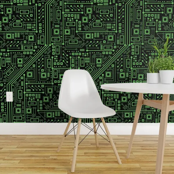 Spoonflower Evil Circuit Board Green Robot Nerd Geek Computer Custom Pre-pasted Wallpaper