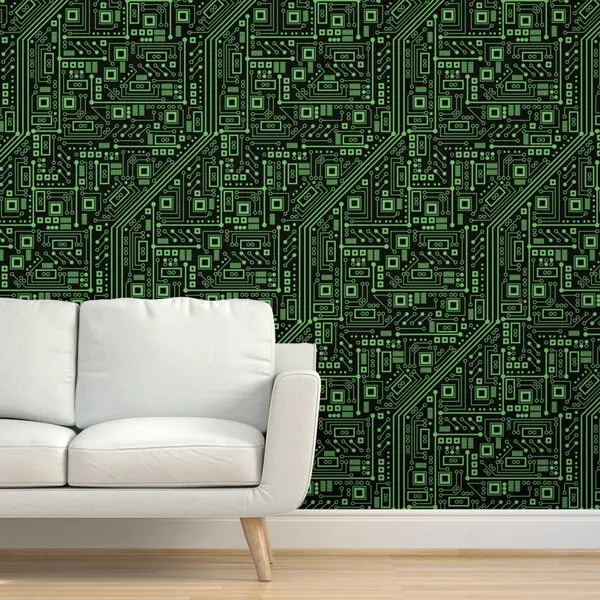 Spoonflower Evil Circuit Board Green Robot Nerd Geek Computer Custom Pre-pasted Wallpaper