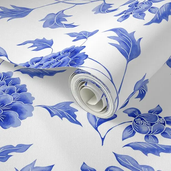 Spoonflower Chinoiserie Peony Chinese Blue White Pot Custom Removable Wallpaper - Blue,white,gray