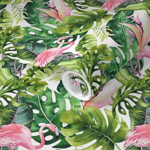 Spoonflower Tropical Leaves Flamingo Green Watercolor Tropic Custom Removable Wallpaper - Green,gray,pink