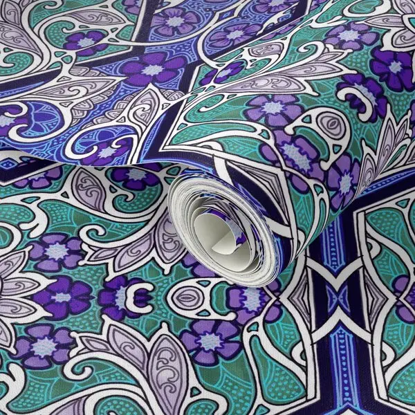 Spoonflower Arabesque Art Nouveau Buds Flower Perky Midnight Custom Removable Wallpaper - Blue,gray,purple