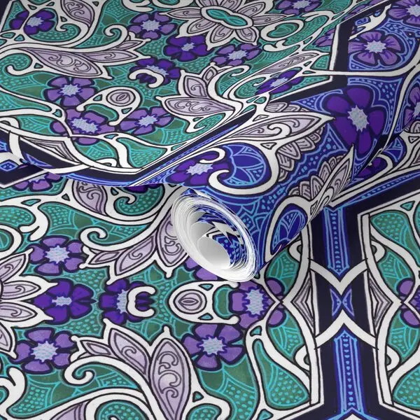 Spoonflower Arabesque Art Nouveau Buds Flower Perky Midnight Custom Removable Wallpaper - Blue,gray,purple