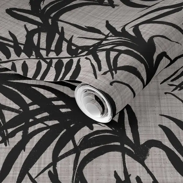 Spoonflower Tropical Palm Black Gray Leaf Leaves Plants Tree Custom Removable Wallpaper - Gray,black,brown