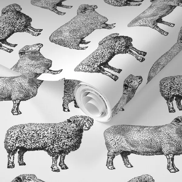 Spoonflower Vintage Sheep Black White Farm Cute Farmhouse Custom Pre-pasted Wallpaper - Black,white,gray