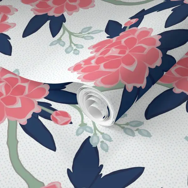 Spoonflower Pink Navy Peonies Coral Mint Chinoiserie Custom Removable Wallpaper - Blue,gray,pink