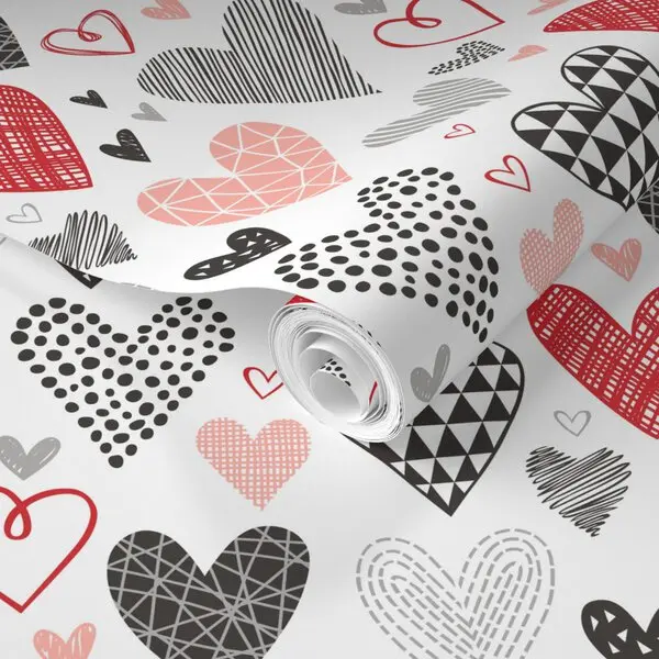 Spoonflower Hearts Love Valentine Red Pink Heart Triangles Custom Pre-pasted Wallpaper - Gray,black,pink