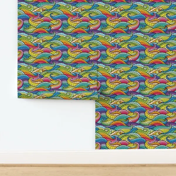 Spoonflower Wave Stained Glass Ocean Abstract Mermaid Custom Pre-pasted Wallpaper - Rainbow
