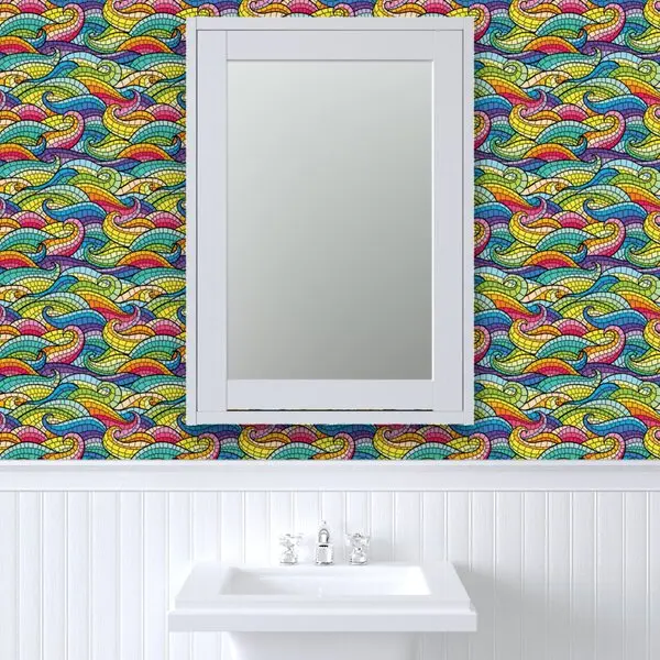 Spoonflower Wave Stained Glass Ocean Abstract Mermaid Custom Pre-pasted Wallpaper - Rainbow