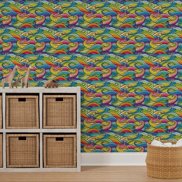 Spoonflower Wave Stained Glass Ocean Abstract Mermaid Custom Pre-pasted Wallpaper - Rainbow