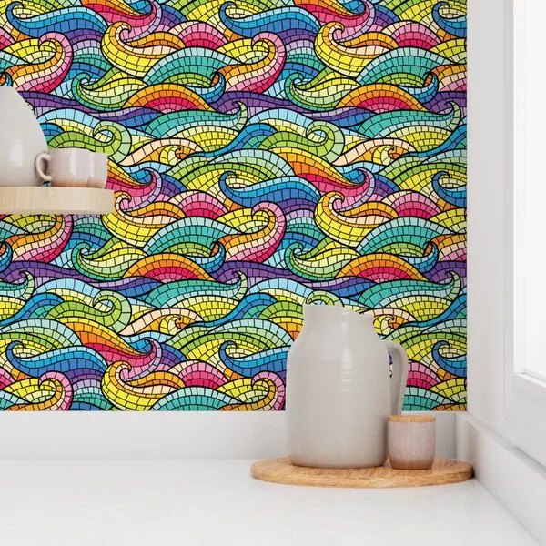 Spoonflower Wave Stained Glass Ocean Abstract Mermaid Custom Pre-pasted Wallpaper - Rainbow