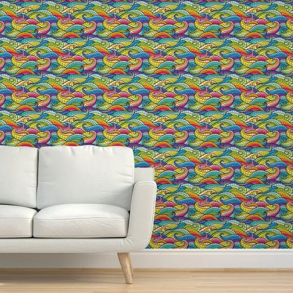 Spoonflower Wave Stained Glass Ocean Abstract Mermaid Custom Pre-pasted Wallpaper - Rainbow