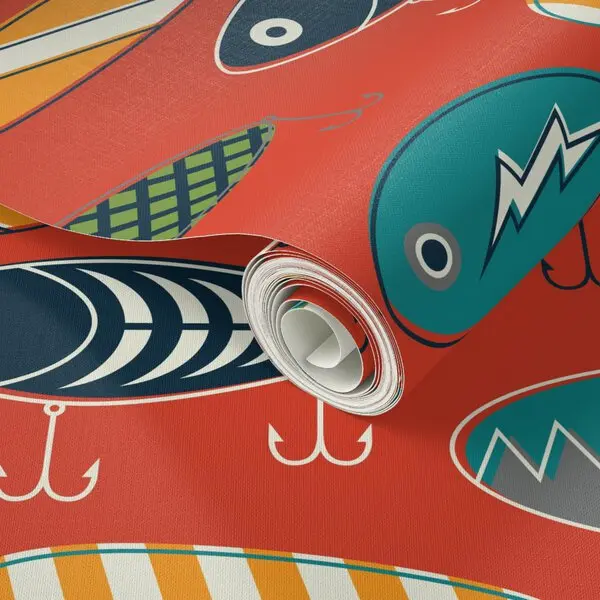 Spoonflower Red Vintage Fish Fishing Hook Lures Custom Pre-pasted Wallpaper - Red,orange,teal