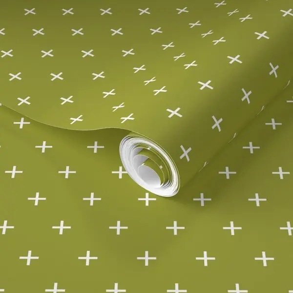 Spoonflower Olive Swiss Cross Modern Green Custom Removable Wallpaper - Green,sage