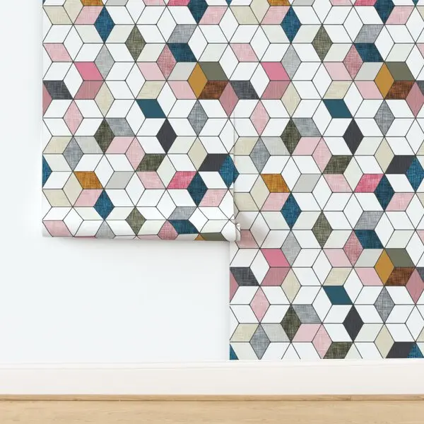 Spoonflower Pink Geo Geometric Diamond Hexagon Boho Squares Custom Removable Wallpaper