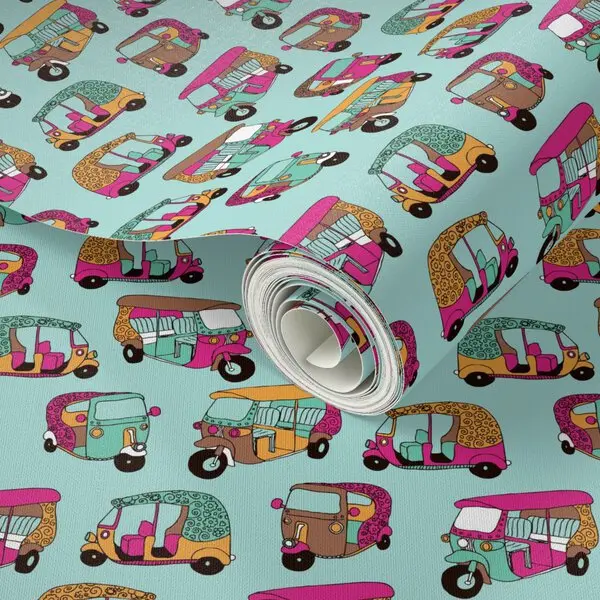 Spoonflower Vintage Illustration India Quirky Indian Rickshaw Custom Pre-pasted Wallpaper - Teal,pink,green