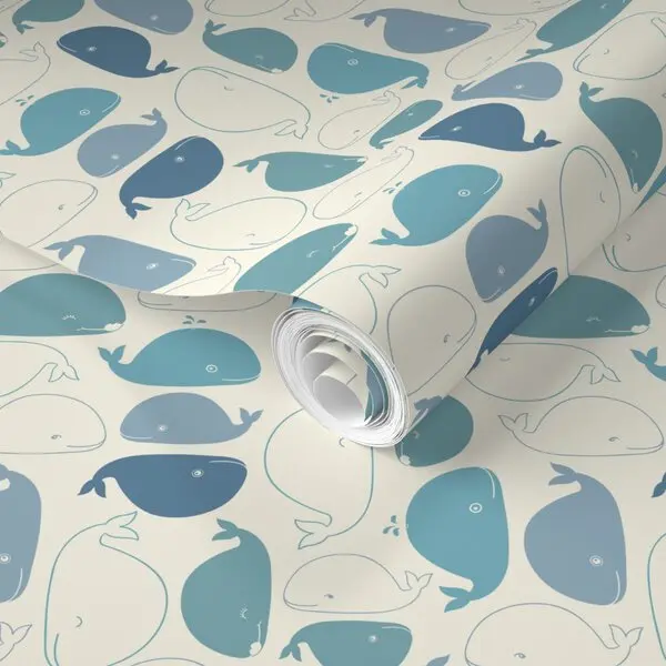 Spoonflower Whale Mammal Sea Animal Pattern Blue Cute Custom Pre-pasted Wallpaper - Blue,gray