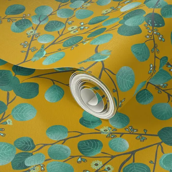 Spoonflower Leaves Japanese Kimono Mustard Eucalyptus Custom Pre-pasted Wallpaper - Yellow,green,blue