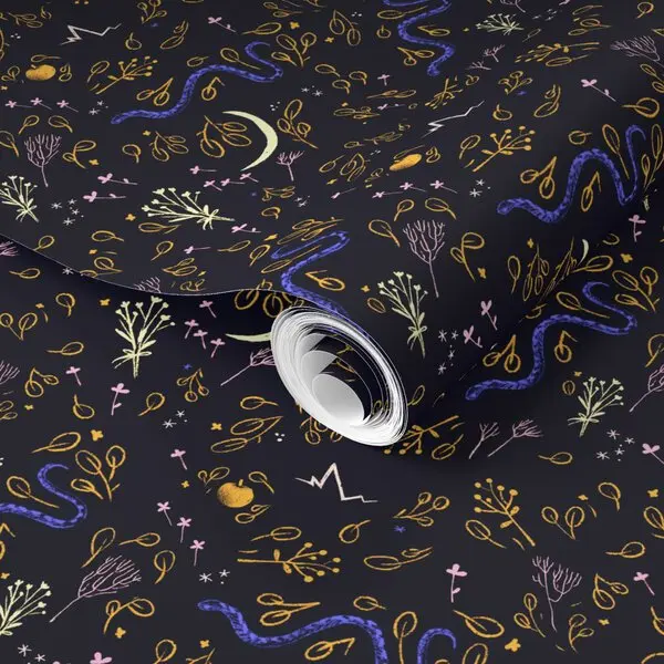 Spoonflower Leaves Halloween Witch Moon Snakes Herbs Custom Pre-pasted Wallpaper - Black,beige,brown