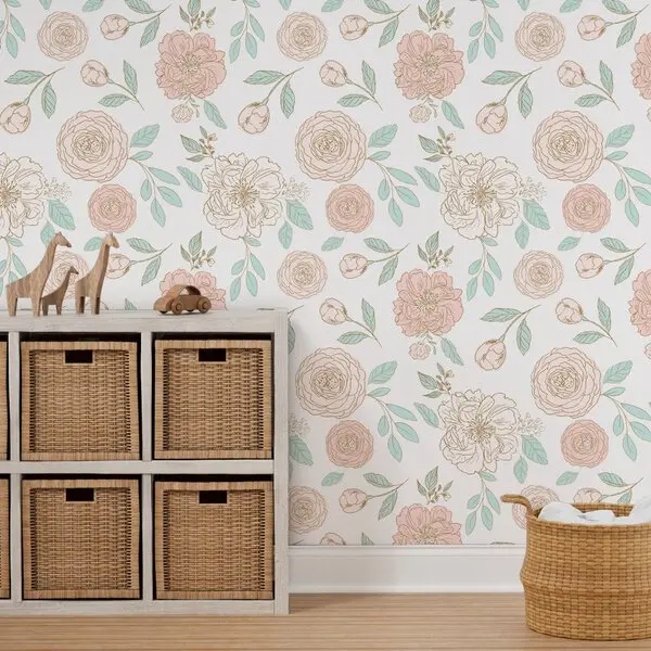 Spoonflower Princess Peonies Swim Bloom Custom Pre-pasted Wallpaper