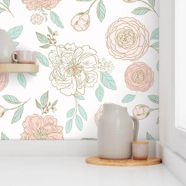 Spoonflower Princess Peonies Swim Bloom Custom Pre-pasted Wallpaper