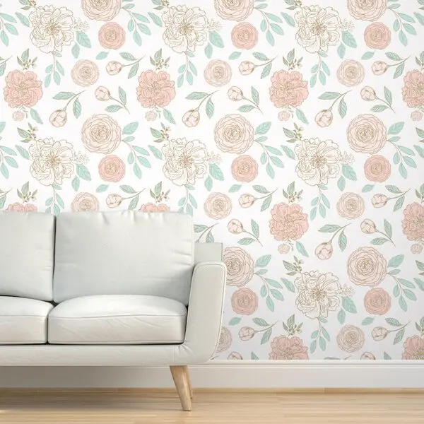 Spoonflower Princess Peonies Swim Bloom Custom Pre-pasted Wallpaper