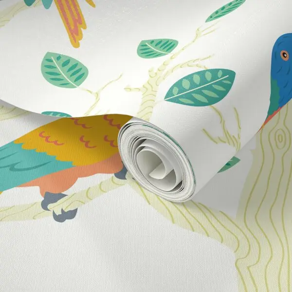 Spoonflower Colorful Birds Tropical Tree Nature Parrot Nursery Custom Removable Wallpaper - Blue,orange,gray