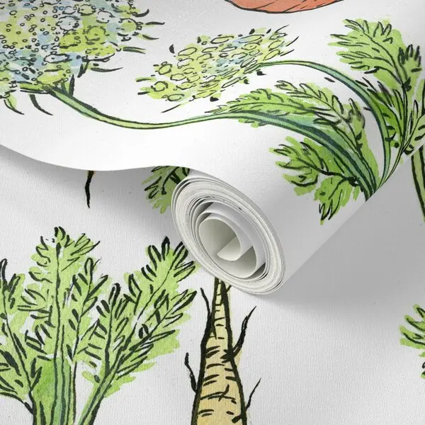 Spoonflower Carrot Vegetable Botanical Culinary Food Kitchen Custom Removable Wallpaper - Green,brown