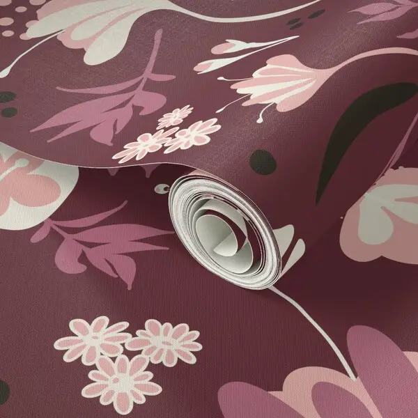 Spoonflower Blooms Burgundy Flowers Floral Botanical Custom Removable Wallpaper - Red,pink,brown