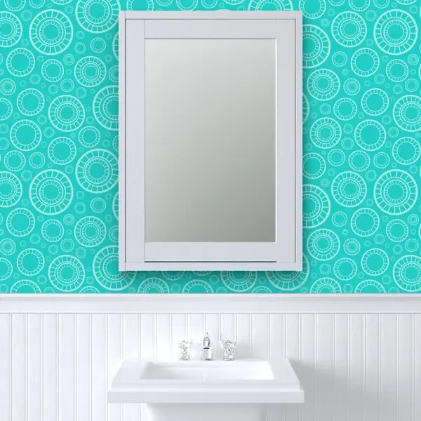 Spoonflower White Blue Teal Retro Circles Turquoise Geometric Custom Pre-pasted Wallpaper