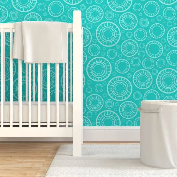 Spoonflower White Blue Teal Retro Circles Turquoise Geometric Custom Pre-pasted Wallpaper