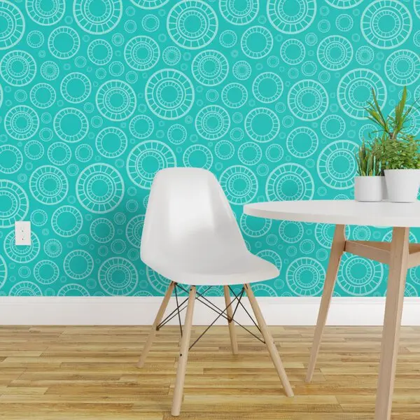 Spoonflower White Blue Teal Retro Circles Turquoise Geometric Custom Pre-pasted Wallpaper