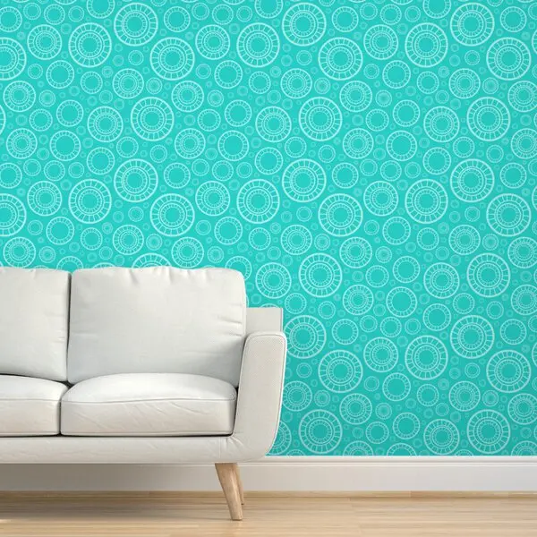 Spoonflower White Blue Teal Retro Circles Turquoise Geometric Custom Pre-pasted Wallpaper
