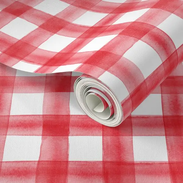 Spoonflower Watercolor Red Plaid Check Trendy Custom Pre-pasted Wallpaper - Red,white