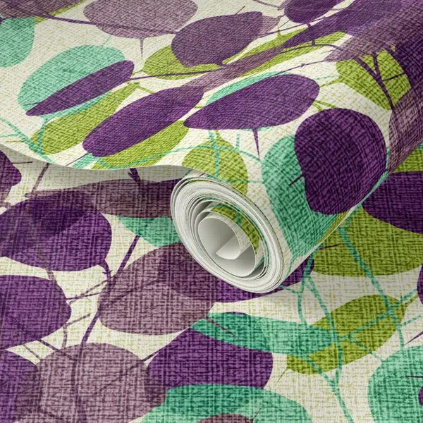 Spoonflower Violet Cream Green Leaves Nature Branches Forest Custom Removable Wallpaper - Purple,blue,sage