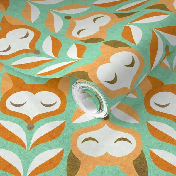 Spoonflower Fox Leaves Mod Woodland Custom Pre-pasted Wallpaper - Green,orange,brown