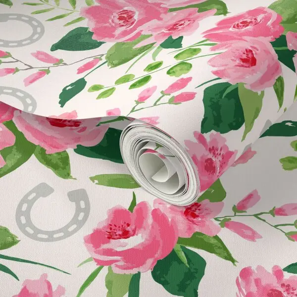 Spoonflower Roses Horse Racing Pink Lucky Watercolor Flowers Custom Pre-pasted Wallpaper - Pink,green