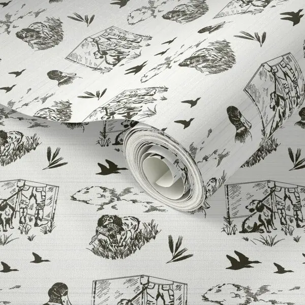 Spoonflower Black Boykin Hunt Toile Custom Removable Wallpaper - Gray,green