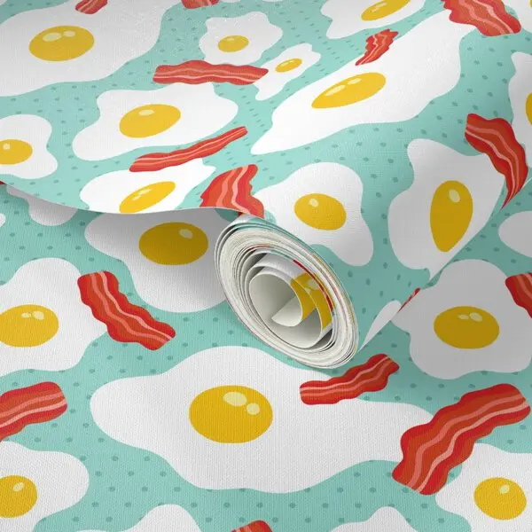 Spoonflower Egg Bacon Breakfast Food Blue Morning Fat Pattern Custom Pre-pasted Wallpaper - Blue,yellow,orange