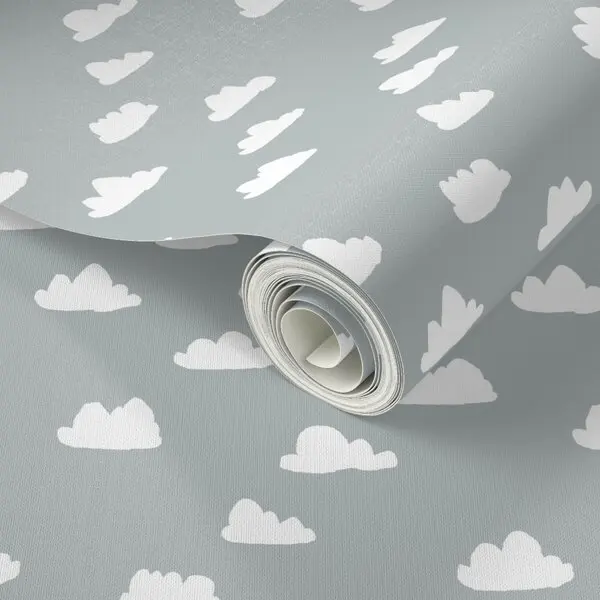 Spoonflower Clouds Gray Cool Scandinavian Trendy Minimal Custom Removable Wallpaper - Gray,white,blue