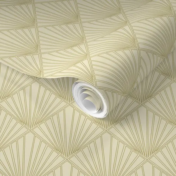 Spoonflower Gold Geometric Art Deco Fans Custom Pre-pasted Wallpaper - Beige,green
