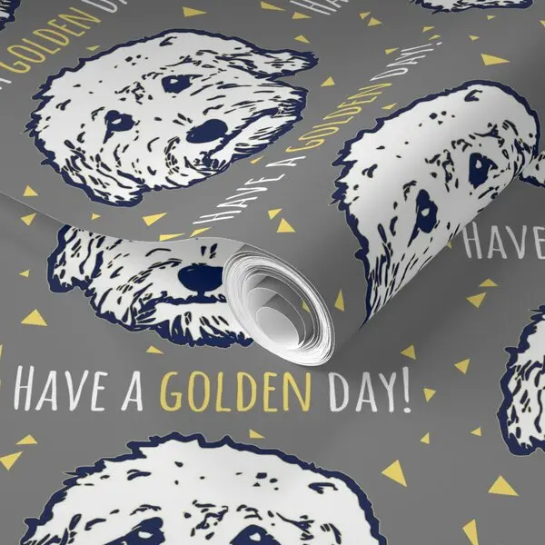 Spoonflower Golden Dogs Gray Doodle Yellow Dog Silhouette Face Traditional Wallpaper - Gray,white,blue
