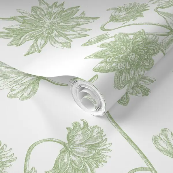Spoonflower Green Flowers Floral Bee Toile Old World Custom Removable Wallpaper - Green,gray