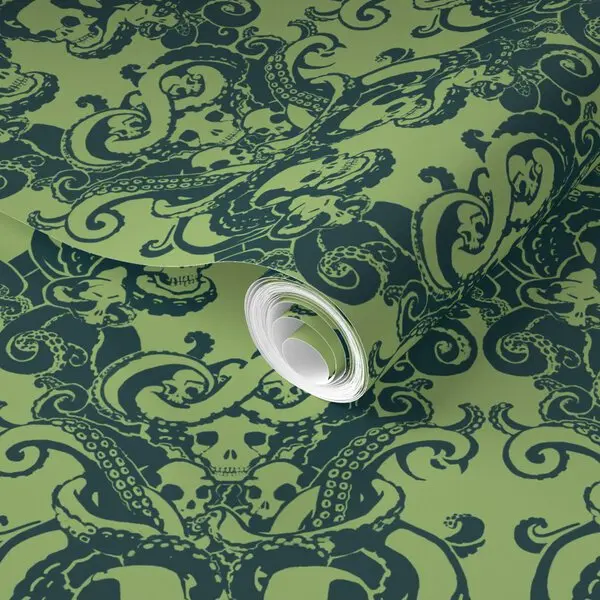 Spoonflower Cthulu Lovecraft Hidden Tentacle Skull Custom Removable Wallpaper - Green