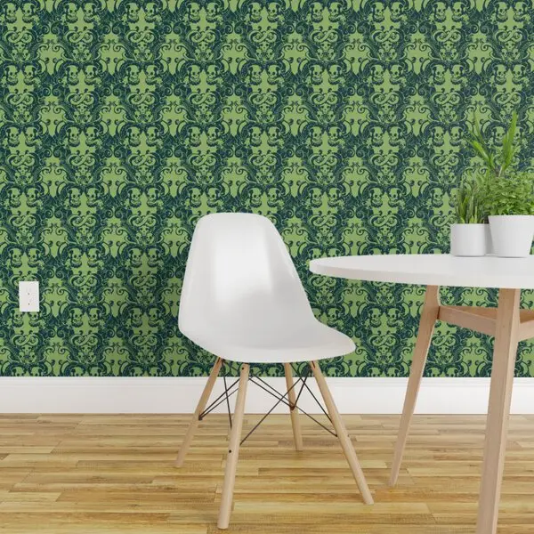 Spoonflower Cthulu Lovecraft Hidden Tentacle Skull Custom Removable Wallpaper - Green