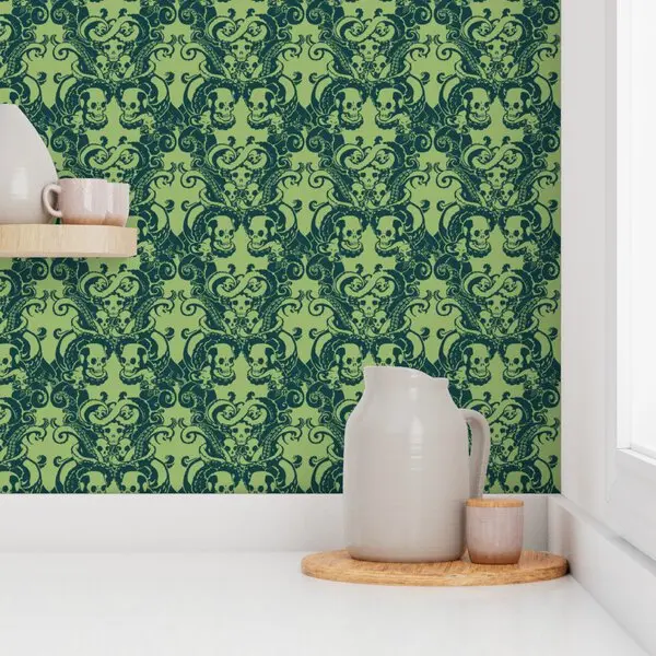 Spoonflower Cthulu Lovecraft Hidden Tentacle Skull Custom Removable Wallpaper - Green