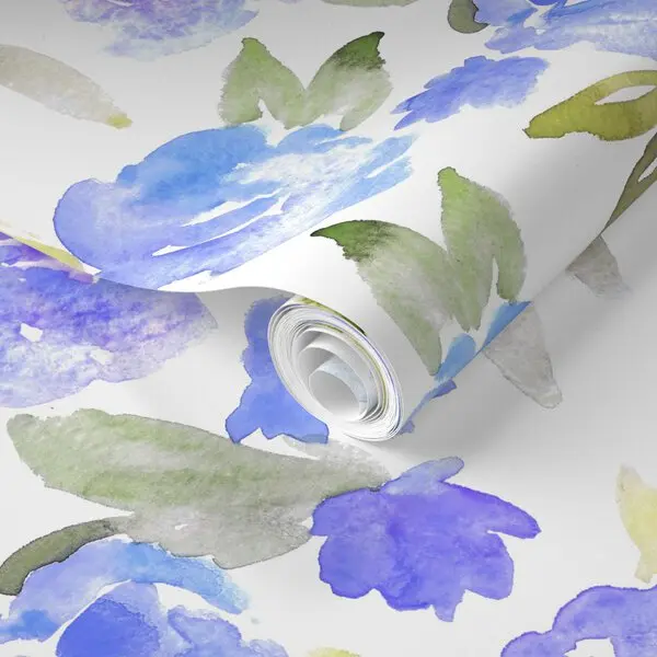 Spoonflower Floral Roses Boho Watercolor Flowers Spring Summer Custom Removable Wallpaper - Blue,purple,green